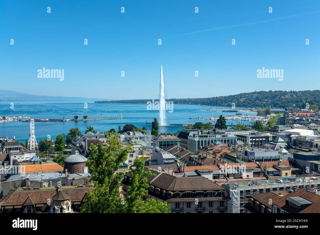 Aerial view of the city, the Jet d'Eau and the lake of Geneva (lac ...