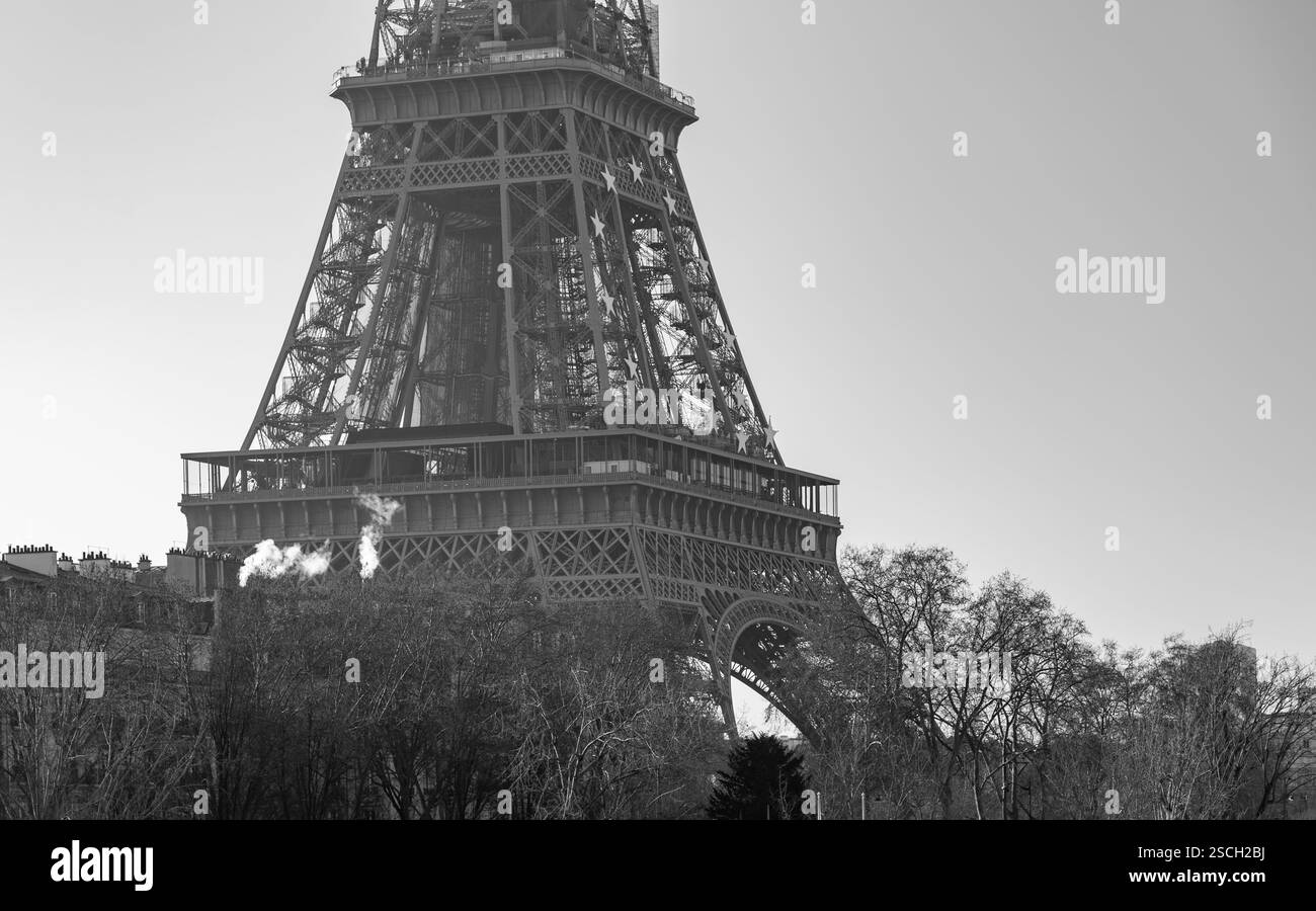 Paris, France - JAN 24, 2022: Detail from the iconic Eiffel Tower, wrought-iron lattice tower ...