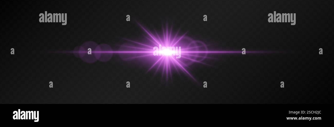 Bright pink lens flare with radiating beams on a dark transparent ...