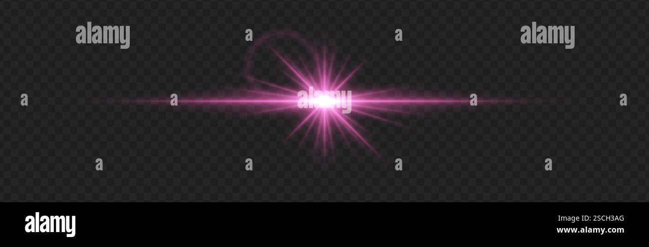 Bright pink lens flare with radiating beams and light rings on a dark ...