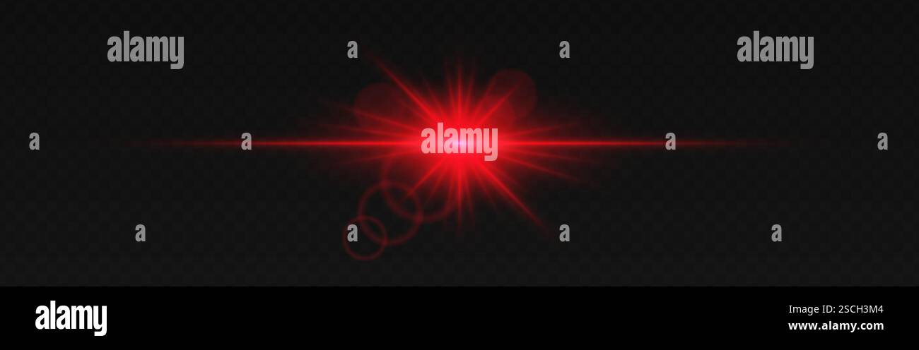 Warm red lens flare with radiant beams and circular light reflections ...