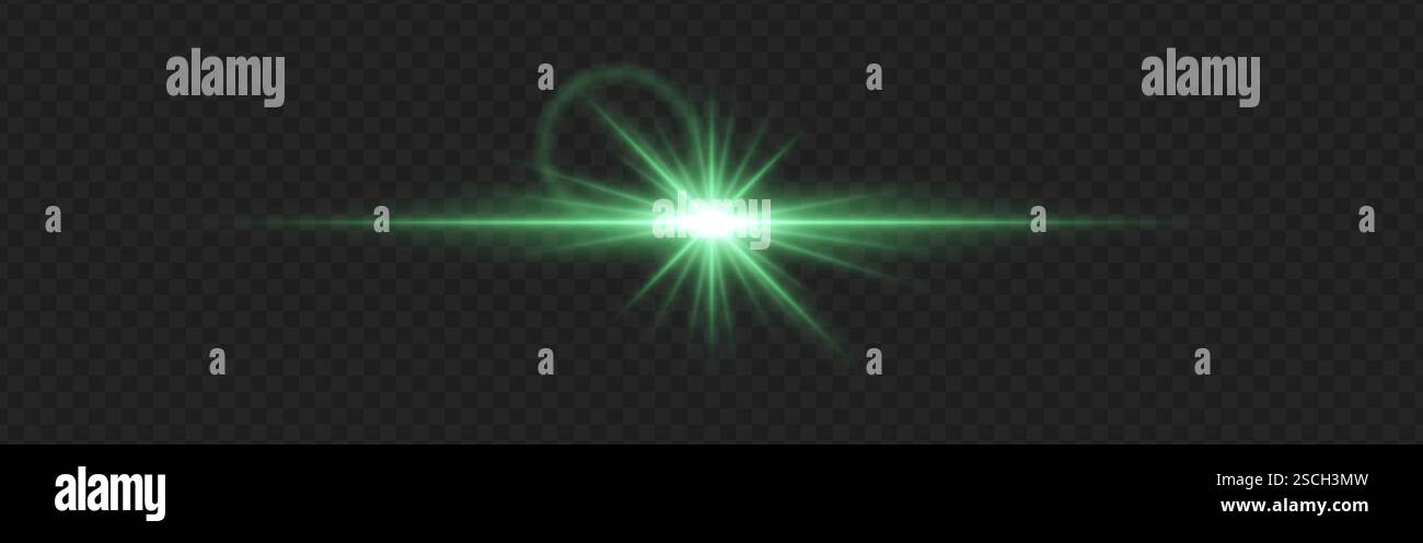 Bright green lens flare with radiating beams and light rings on a dark ...