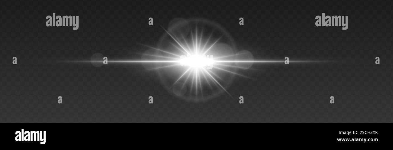 Bright white glowing light flare with horizontal lens flare effect ...