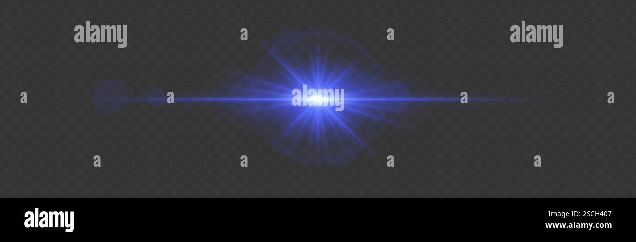 Bright blue glowing light flare with horizontal lens flare effect ...