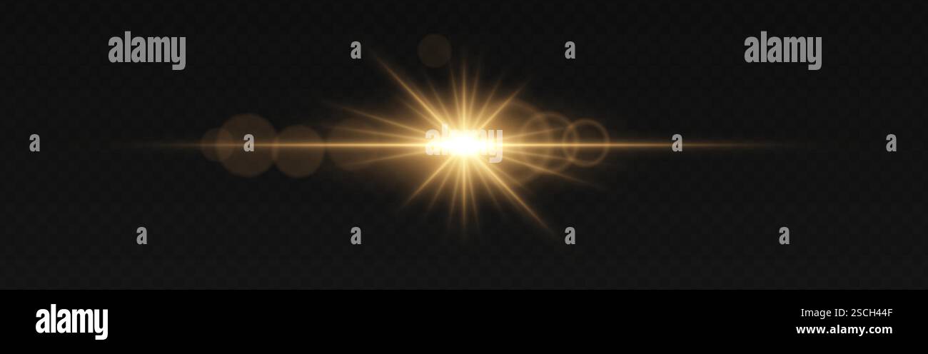 Golden light flare with radiant beams and soft circular reflections on ...
