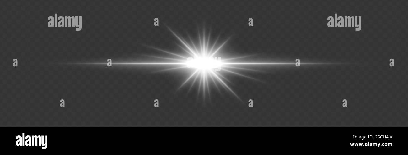 Bright white glowing light flare with horizontal lens flare effect ...