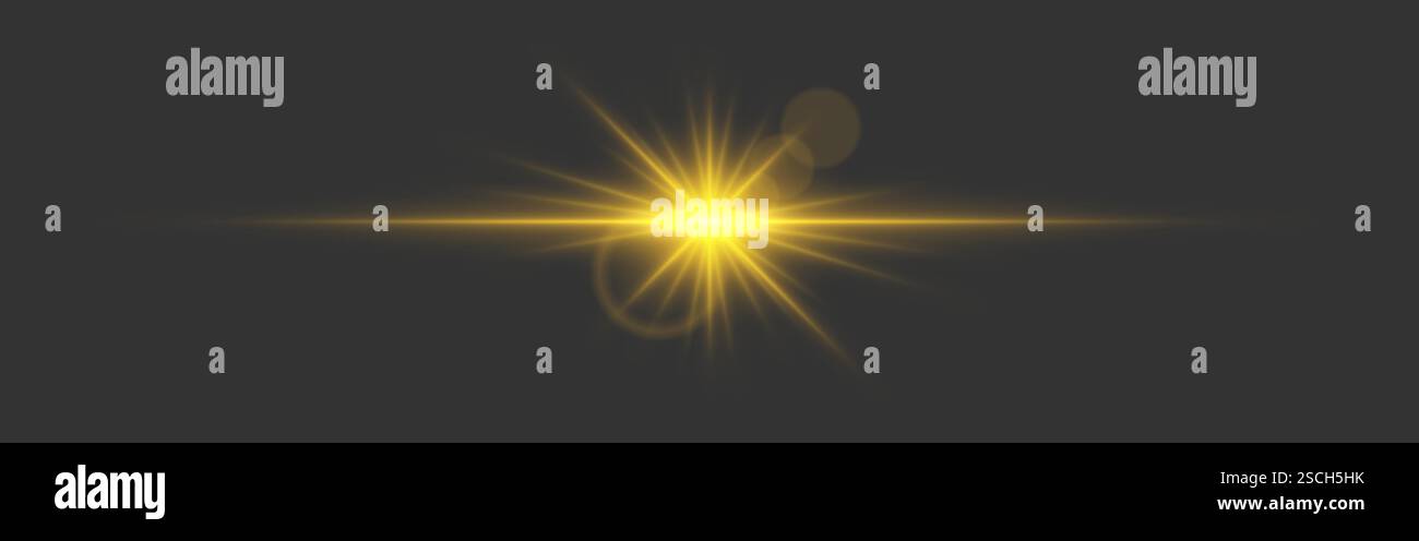Yellow light flare with a bright glow and lens reflections on a dark ...