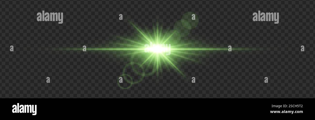 Green light flare with a bright glow and lens reflections on a ...