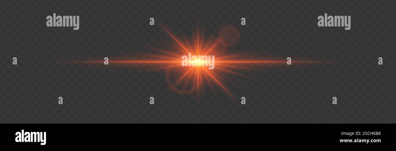 Bright orange glowing light flare with horizontal lens flare effect ...