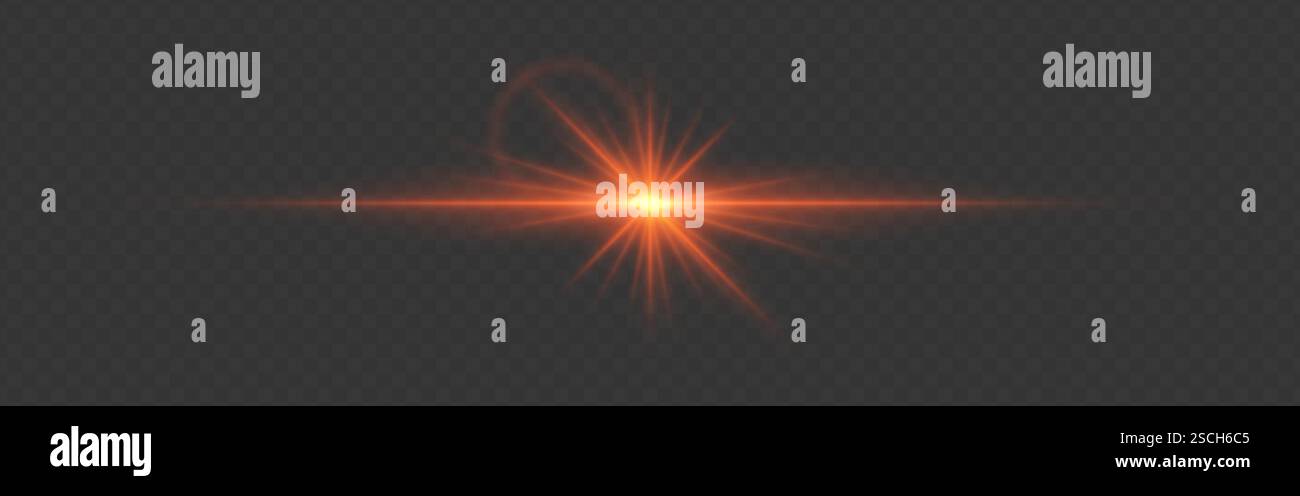 Bright orange glowing light flare with horizontal lens flare effect ...