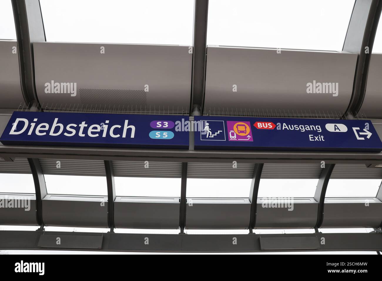 PRODUCTION - 07 February 2025, Hamburg: Sign at the Diebsteich S-Bahn ...