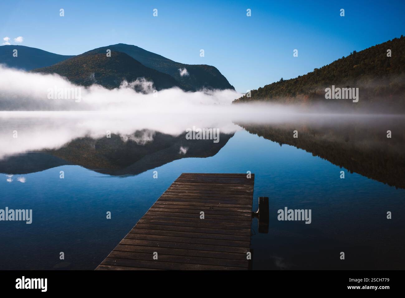 Dock on lake with morning mist and fog, Baxter State Park, Maine Stock ...