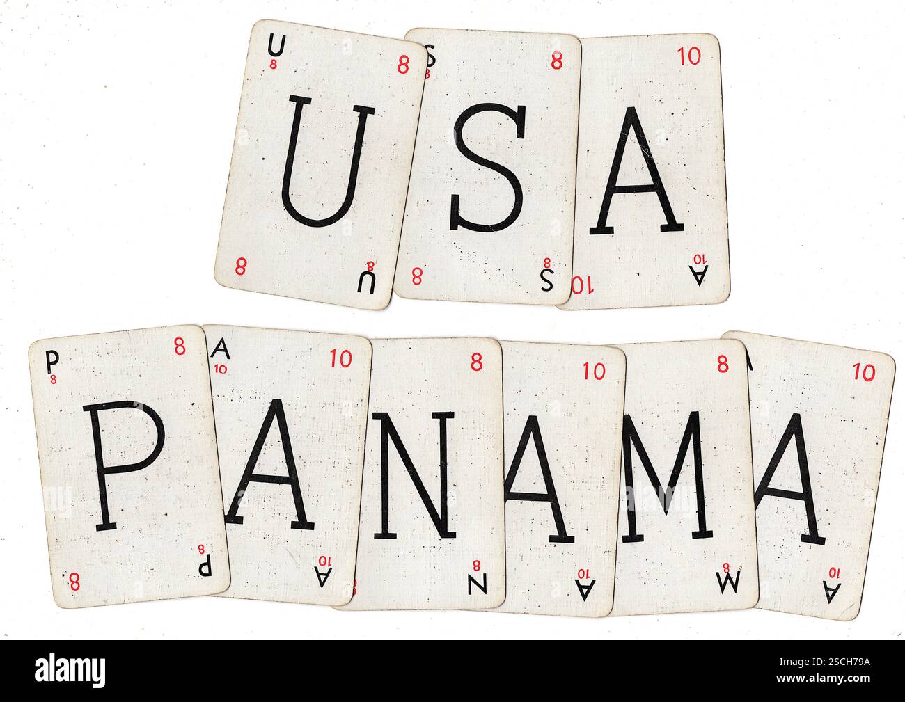 Vintage word game playing cards spelling USA and PANAMA isolated on a ...