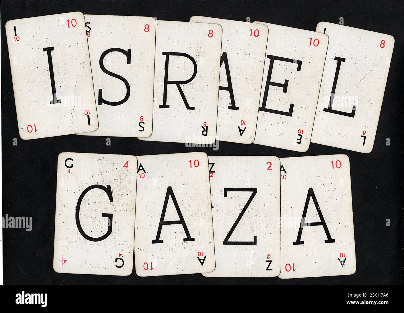 Vintage word game playing cards spelling ISRAEL and GAZA isolated on a ...