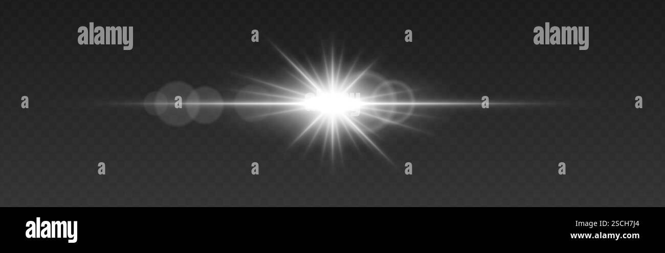 Bright white glowing light flare with horizontal lens flare effect ...