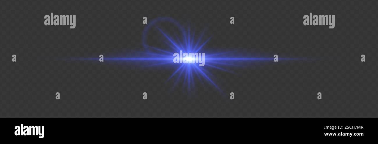 Bright blue glowing light flare with horizontal lens flare effect ...