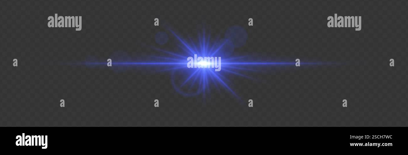 Bright blue glowing light flare with horizontal lens flare effect ...