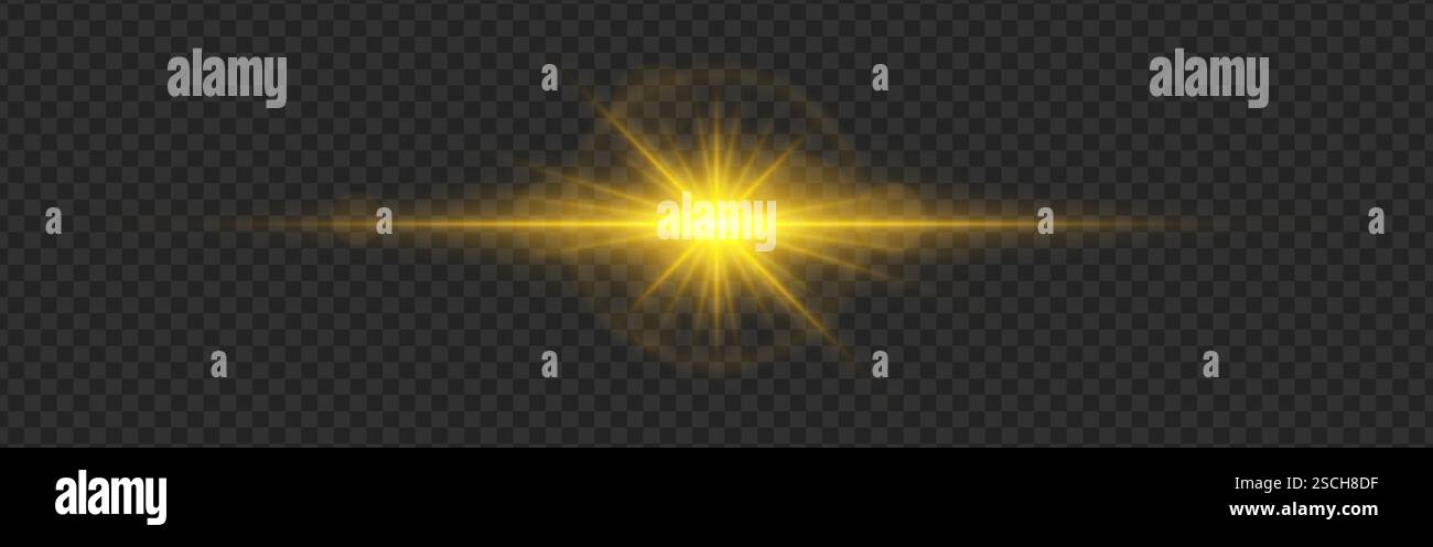 Yellow light flare with a bright glow and lens reflections on a dark ...