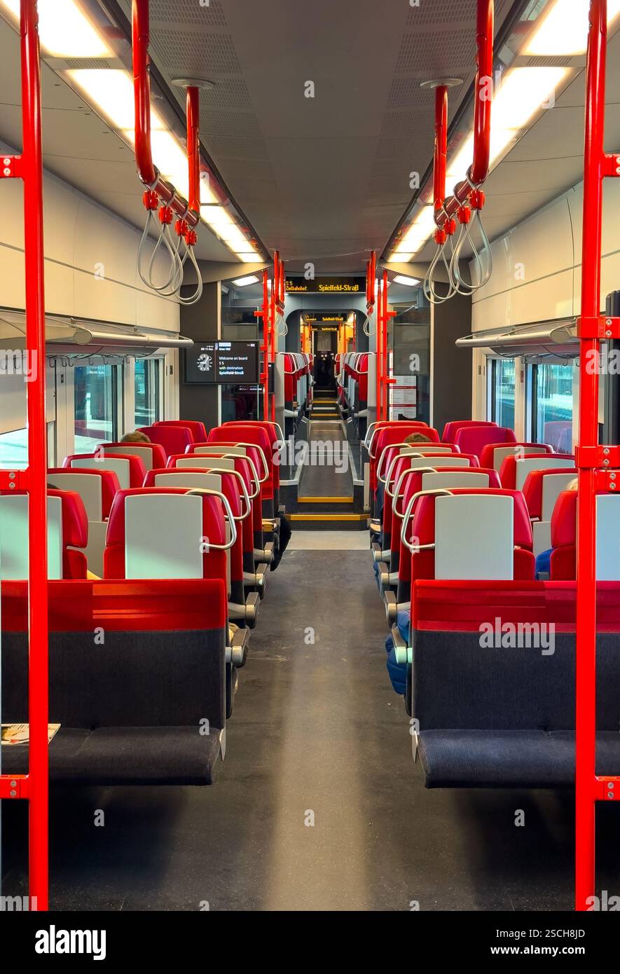 View of the rows of seats in a public transport carriage, train ...