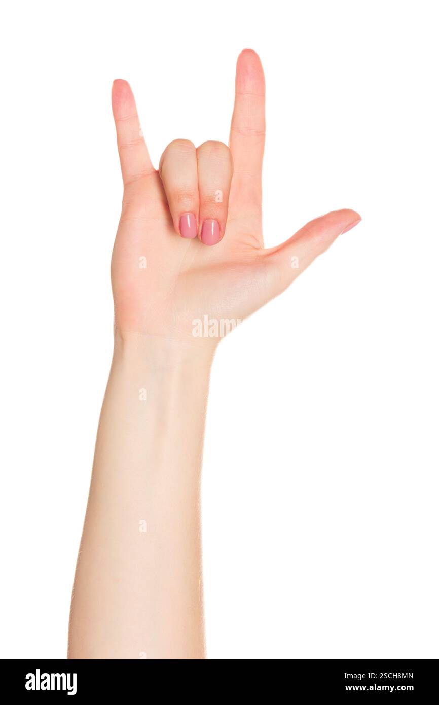 Hand gesture expressing love and appreciation against a plain ...