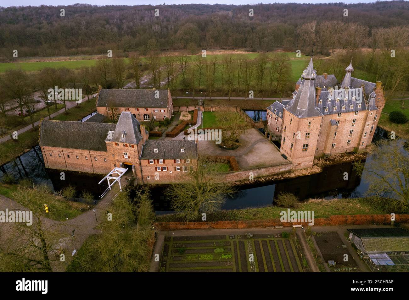 Wide aerial view of moated Doorwerth cultural heritage historic castle ...