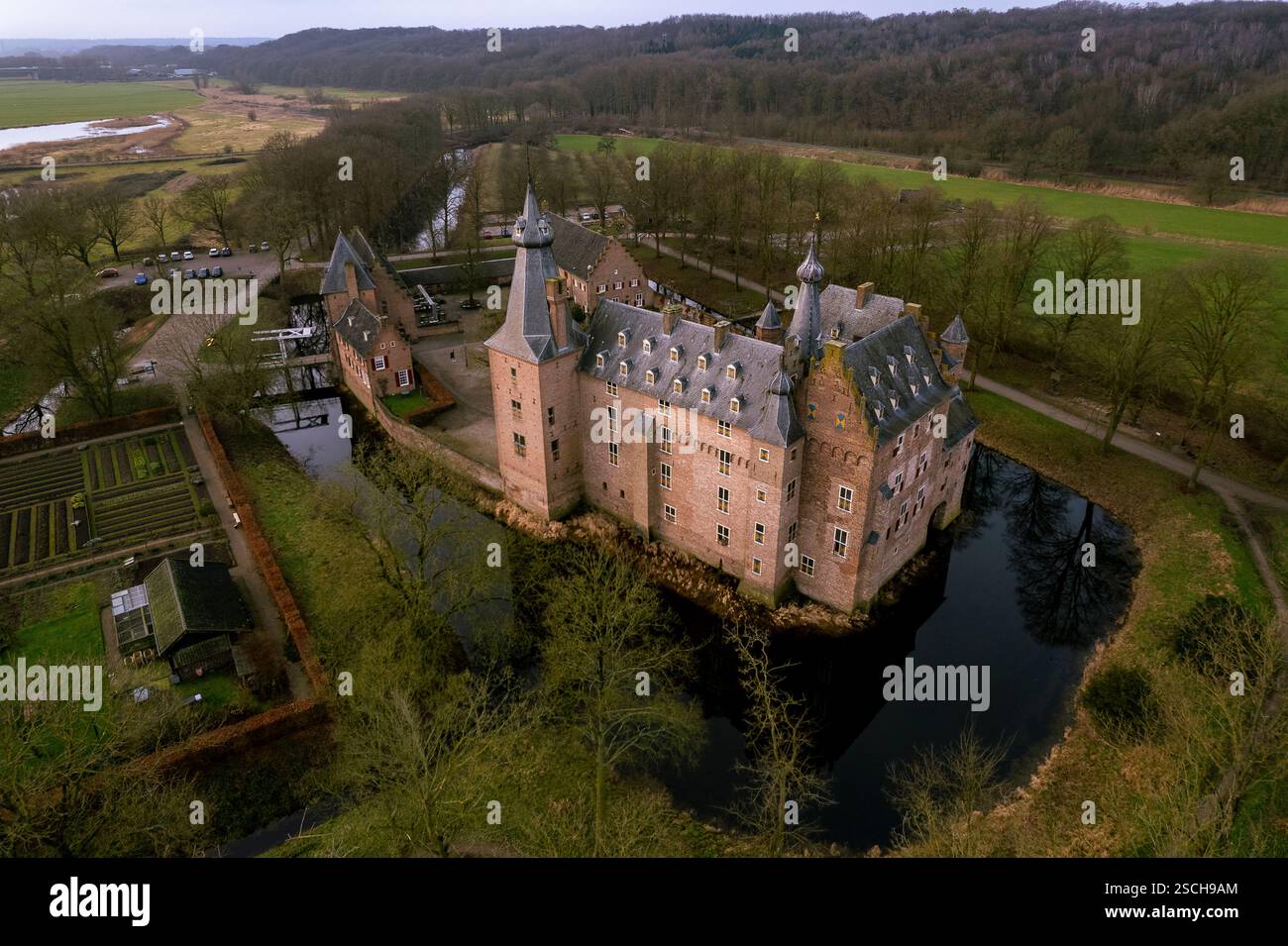 Wide aerial view of moated Doorwerth cultural heritage historic castle ...
