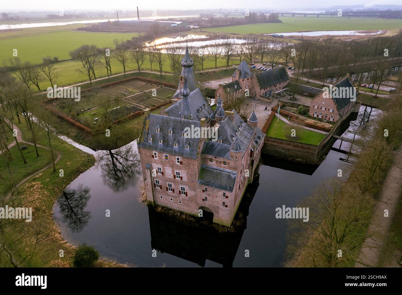 Wide aerial view of moated Doorwerth cultural heritage historic castle ...