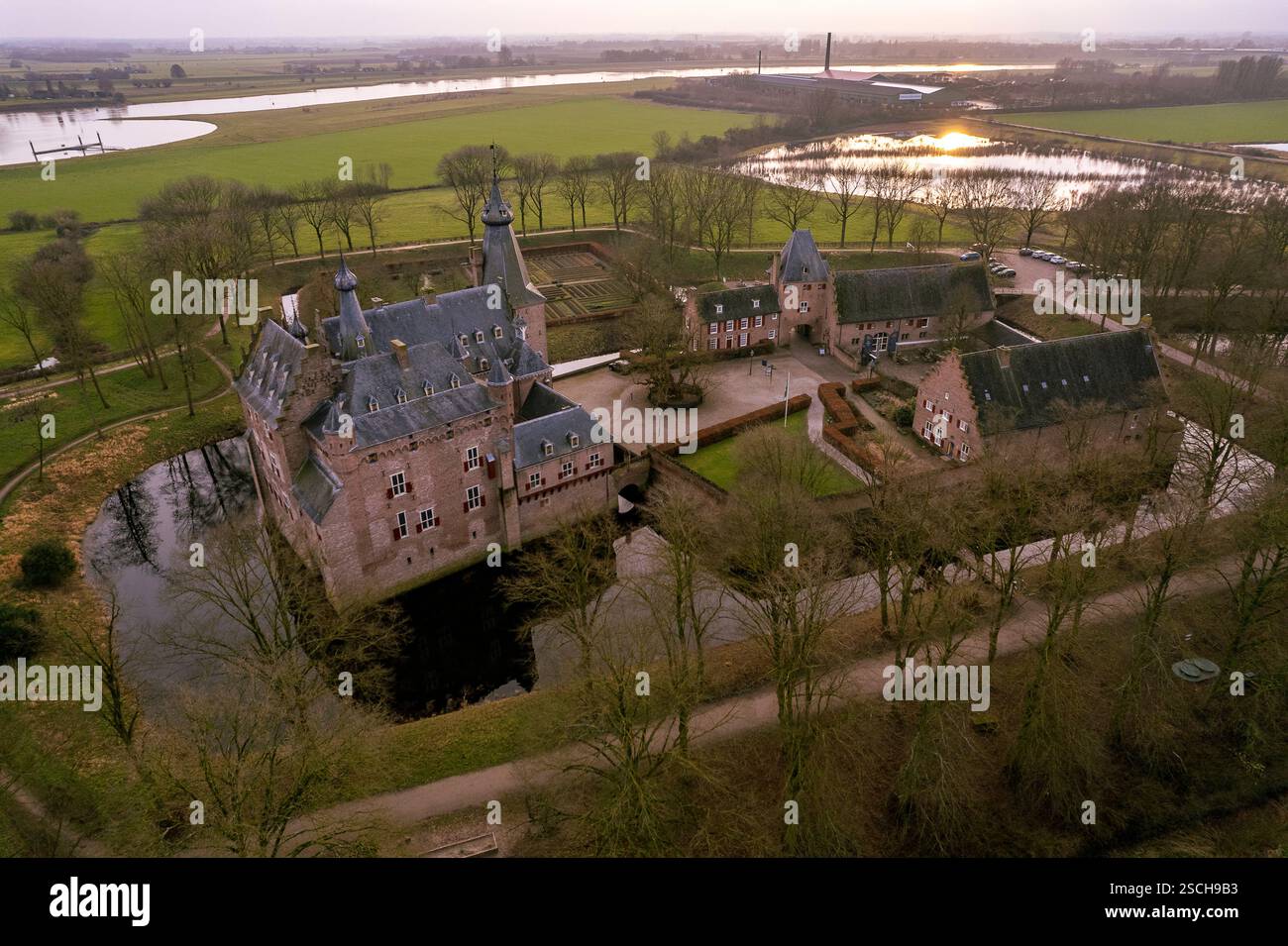 Wide aerial view of moated Doorwerth cultural heritage historic castle ...