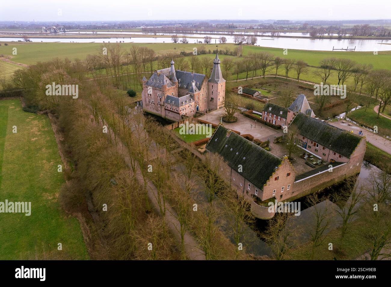 Wide aerial view of moated Doorwerth cultural heritage historic castle ...
