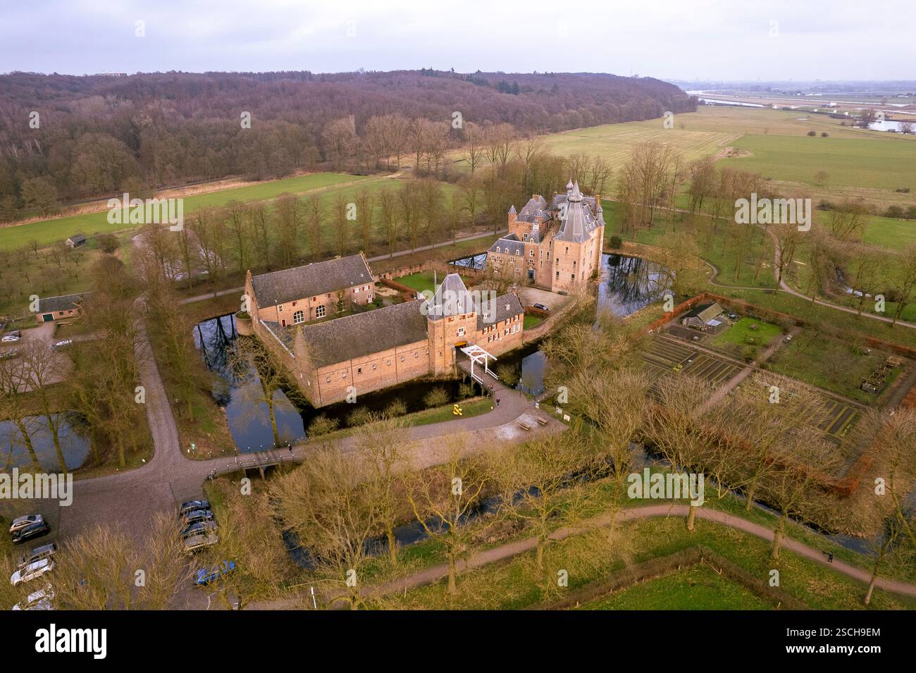 Wide aerial view of moated Doorwerth cultural heritage historic castle ...