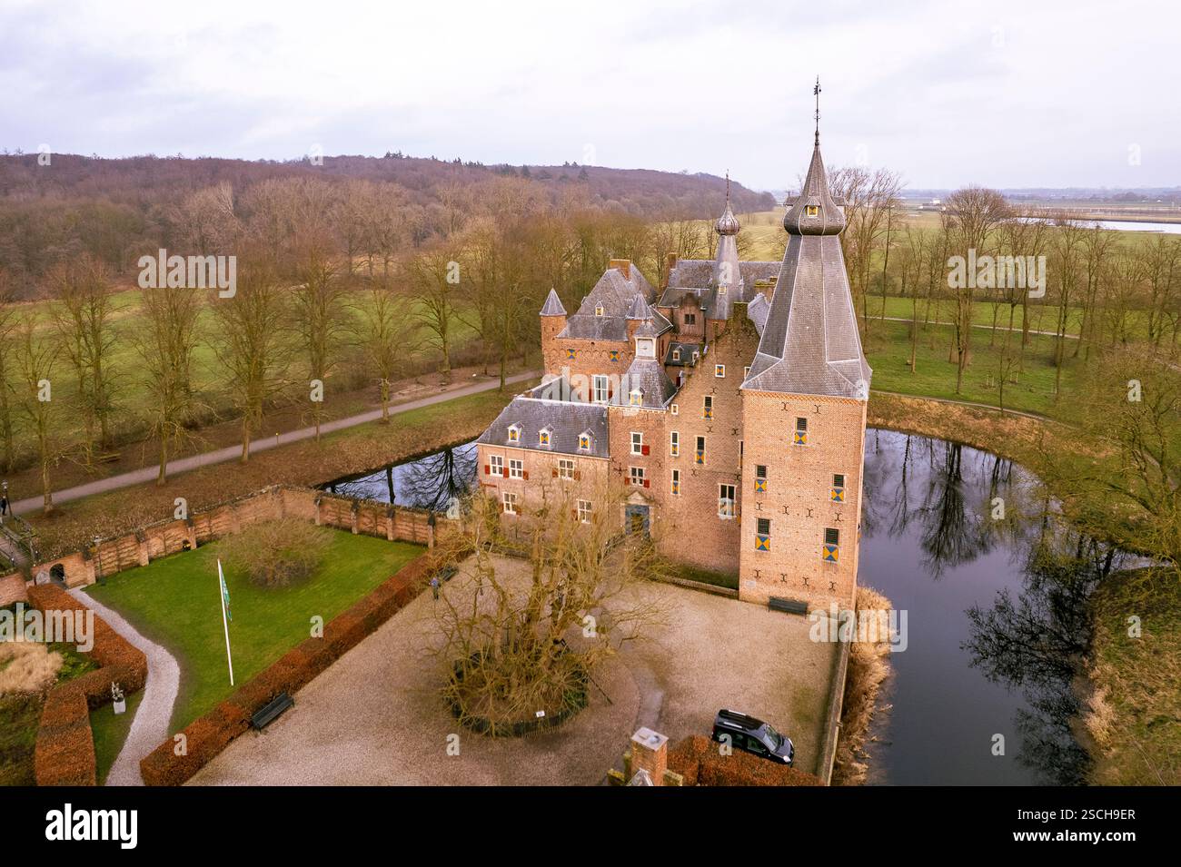 Wide aerial view of moated Doorwerth cultural heritage historic castle ...