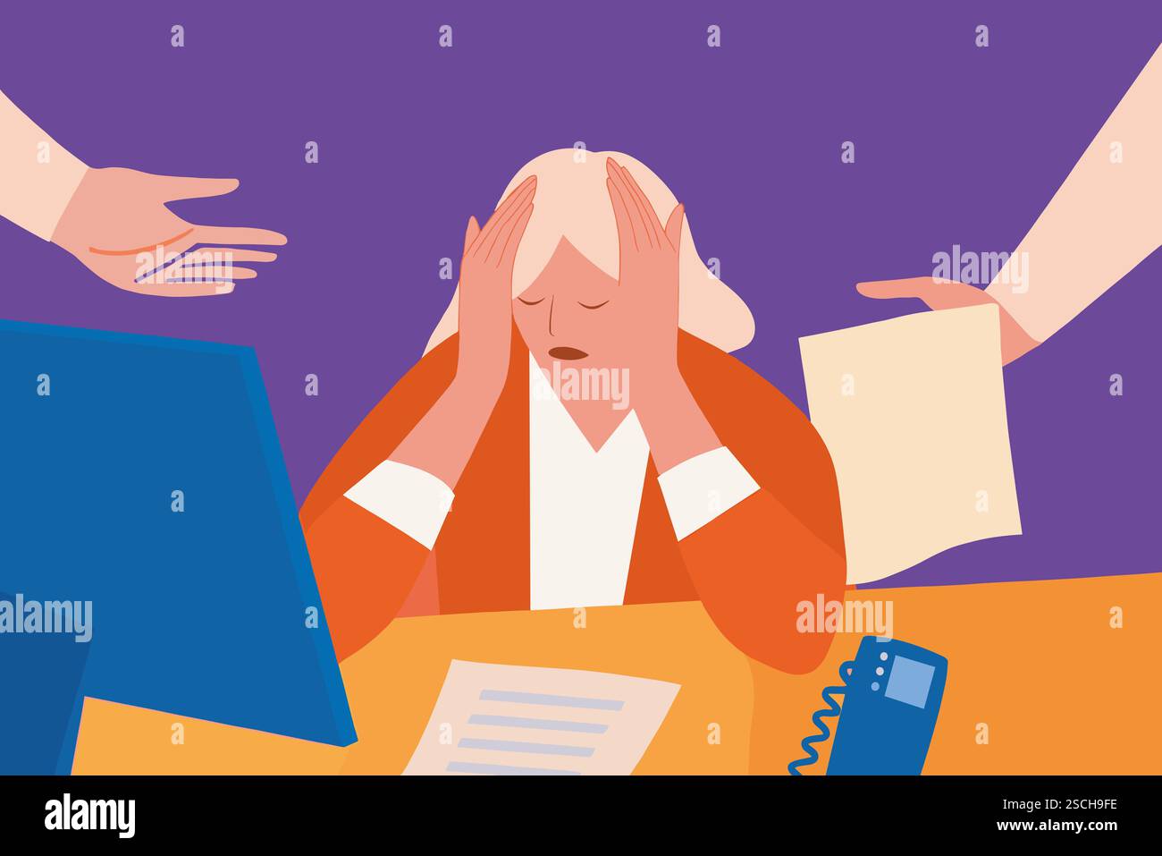 An overwhelmed and stressed worker at her desk, hands on head as her ...