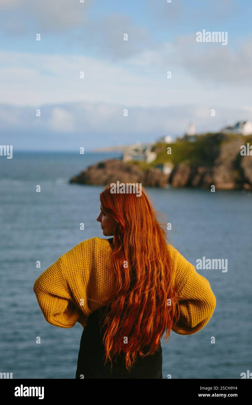 Back view of an unrecognizable woman with long red hair, standing at ...