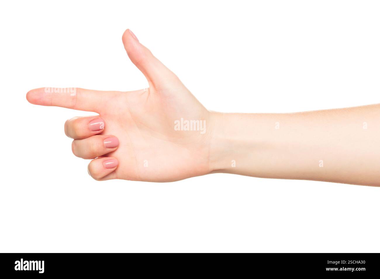 Hand gesture simulating a gun gesture with fingers extended in a ...