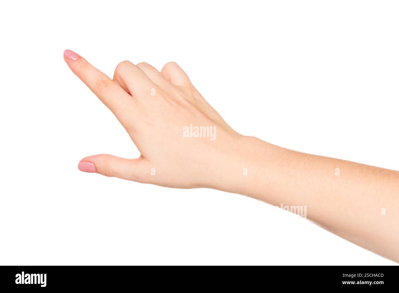 Hand pointing to the right against a plain white background indicating ...