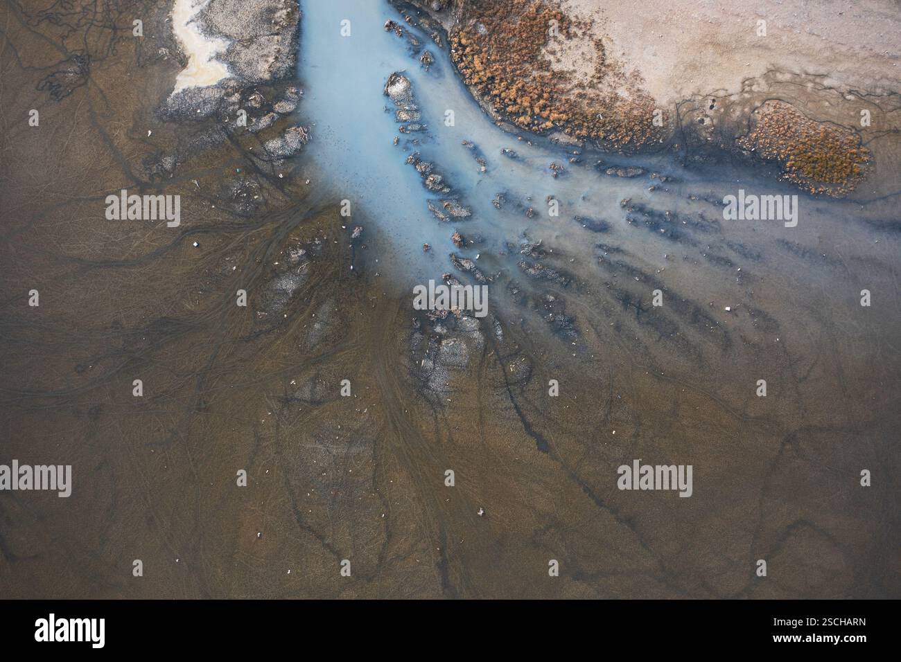 A detailed aerial shot of a lagoon in Toledo, Spain, displaying muddy ...