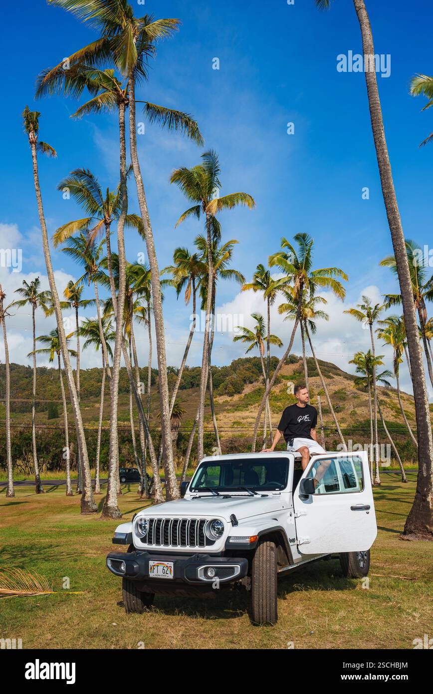 White Jeep Parked Among Palm Trees in a Tropical Hawaiian Landscape ...