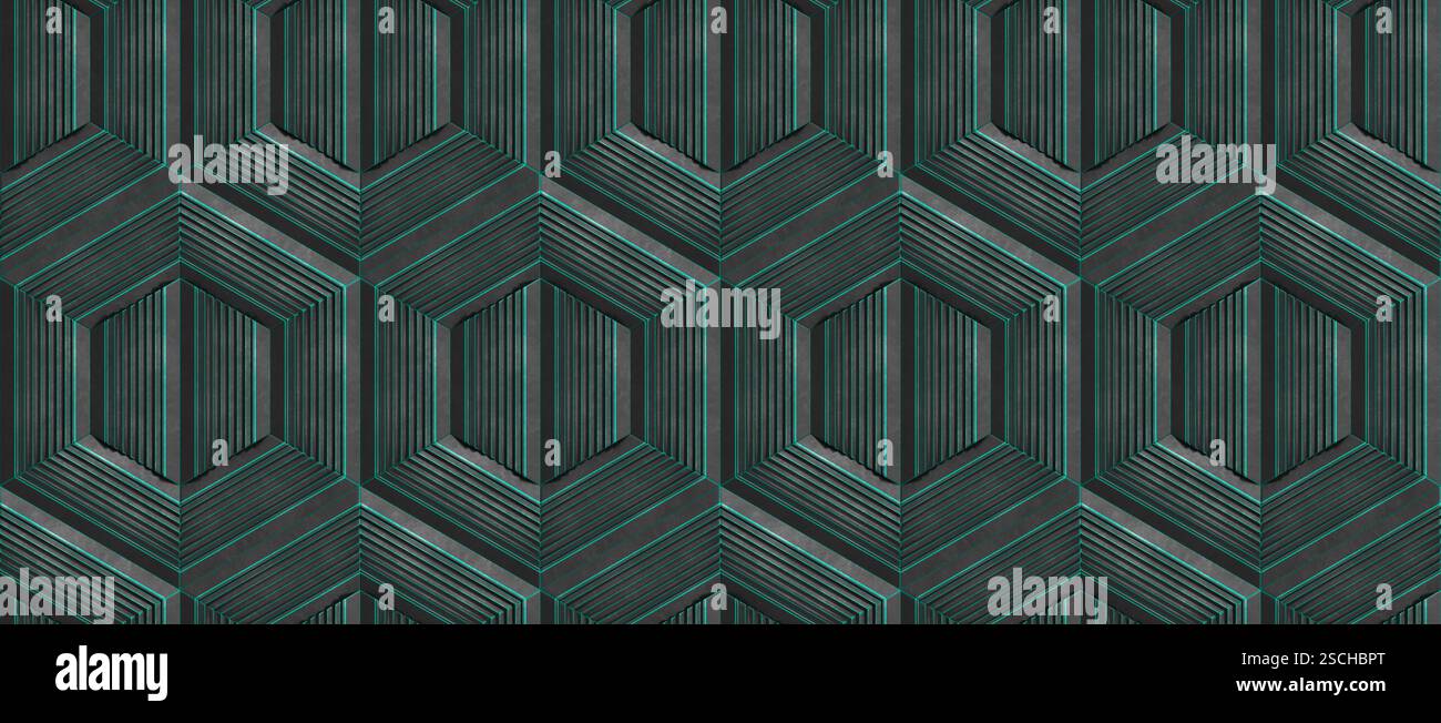 A detailed 3D geometric pattern featuring hexagonal stripes, forming a ...