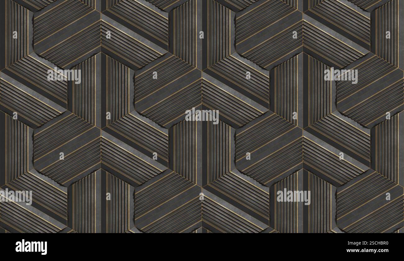 This 3D illustration showcases a hexagonal pattern with striped details ...