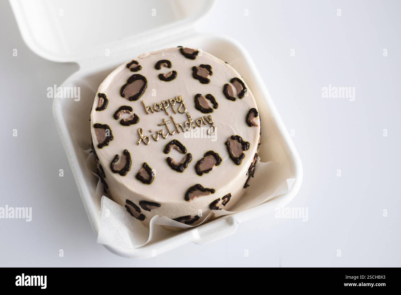 Top view of a stylish bento birthday cake with a leopard print pattern ...