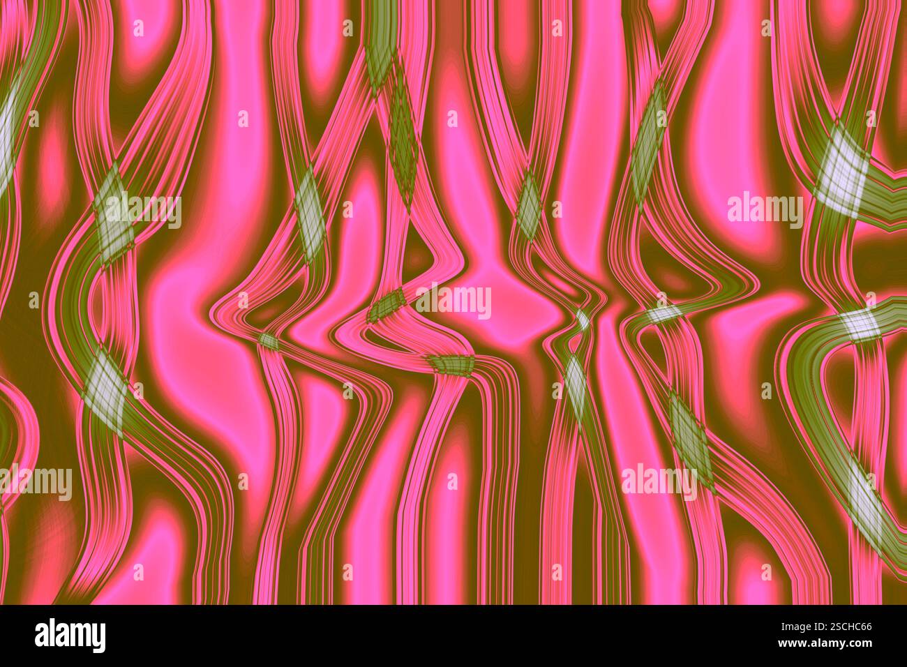 A vibrant abstract pattern with pink and green wavy lines, creating a dynamic visual effect ...