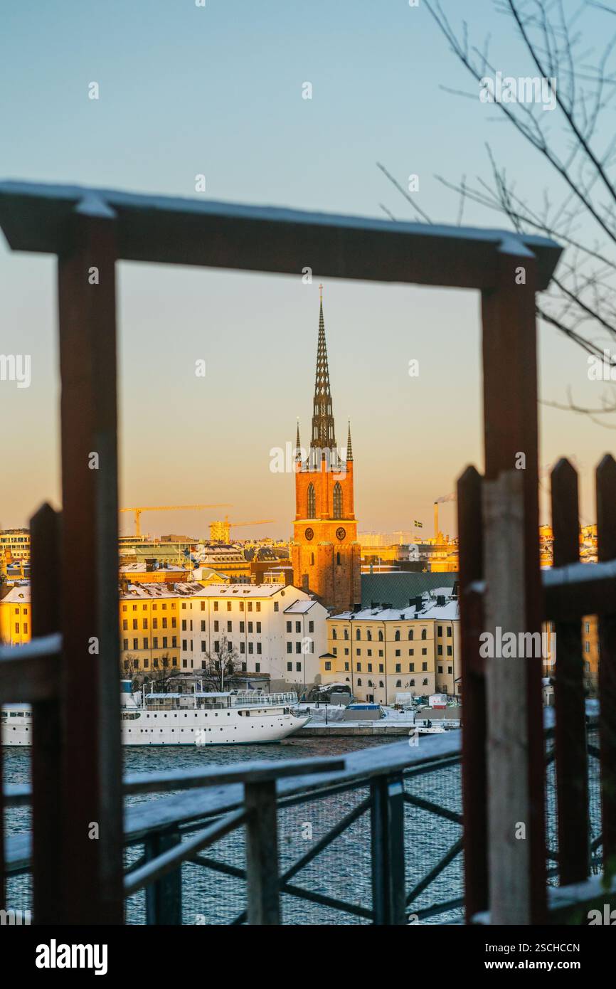 View of Stockholm's historic buildings and waterfront framed by a ...