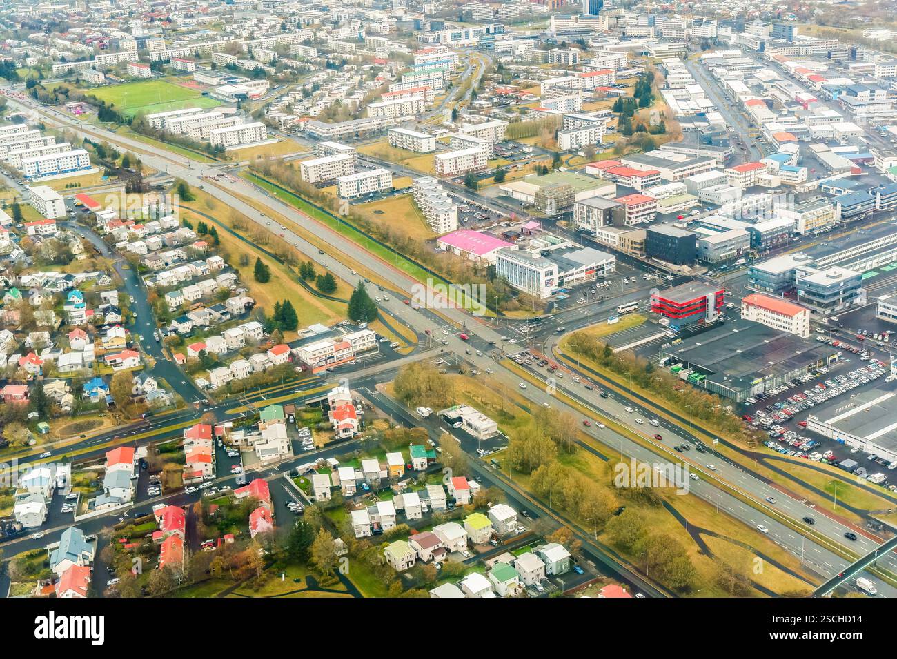Aerial image of Reykjavik, Iceland, displaying a detailed urban layout ...