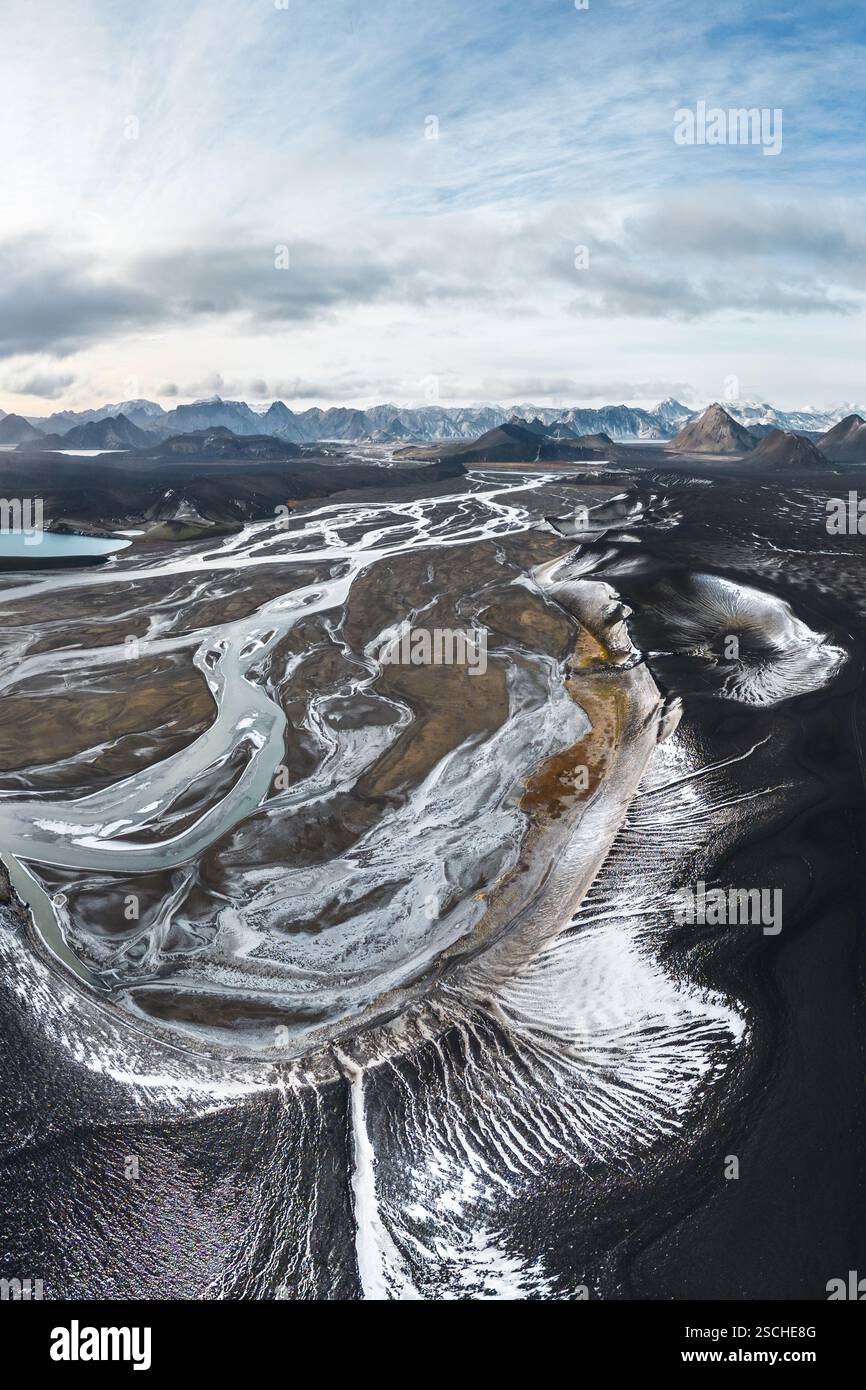 Aerial view of the Icelandic Highlands, featuring dramatic landscapes ...