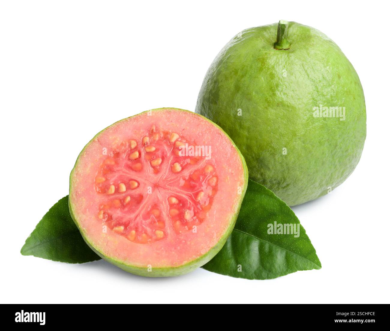 Fresh whole and cut guava fruits with leaves isolated on white Stock ...