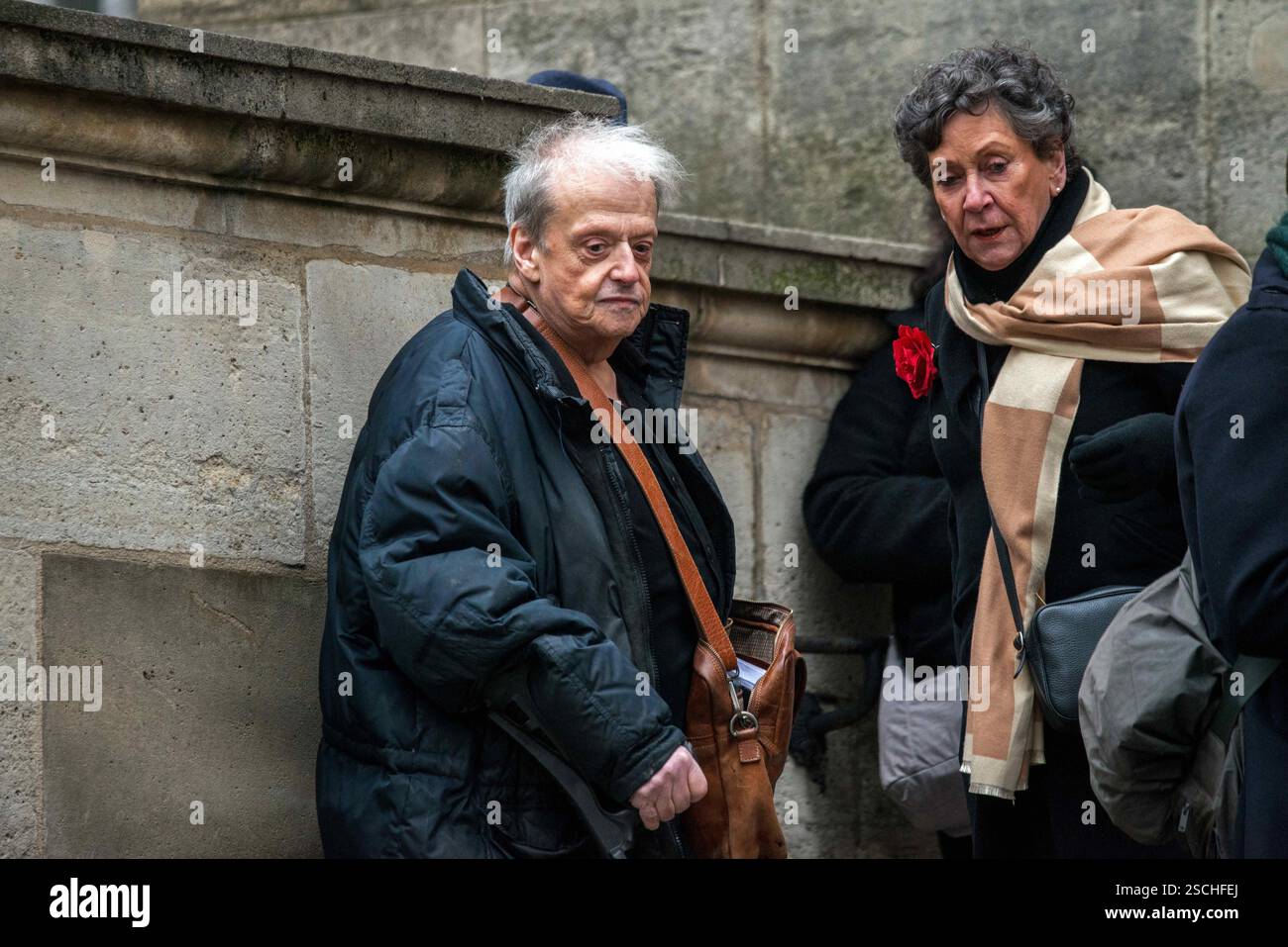 Guy Carlier et Genevieve Laborde at the funeral of Catherine Laborde at the Saint-Roch Church in ...