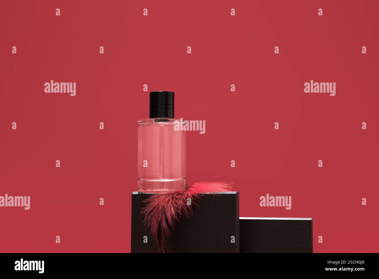 A sleek perfume bottle displayed on a striking black stones stand. Set ...
