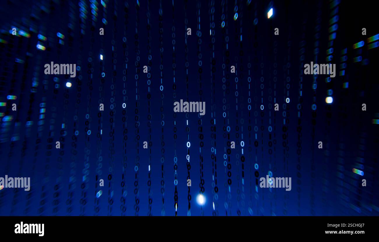 3D illustration of binary code cascading against a dark blue background, symbolizing data flow ...