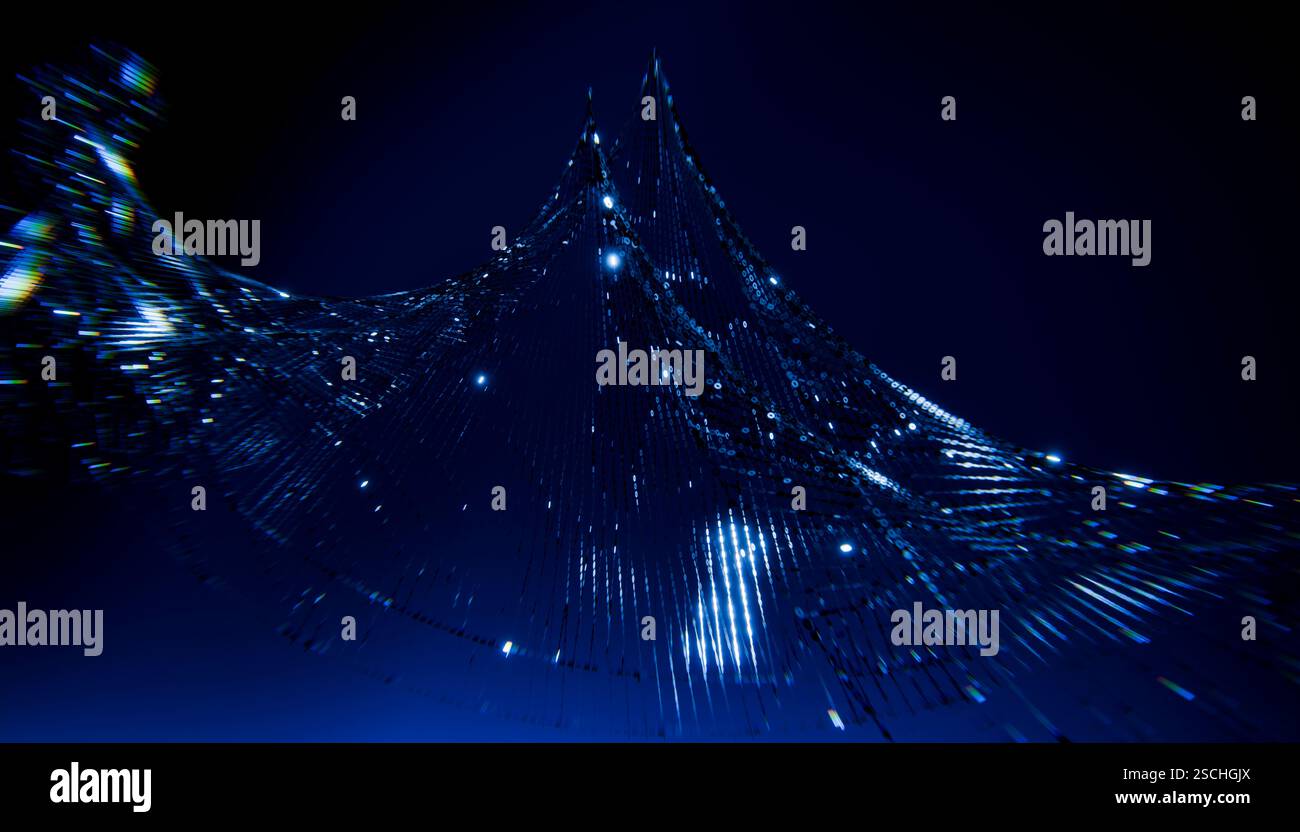 A mesmerizing 3D illustration depicting a wave of binary code, illuminated against a deep blue ...