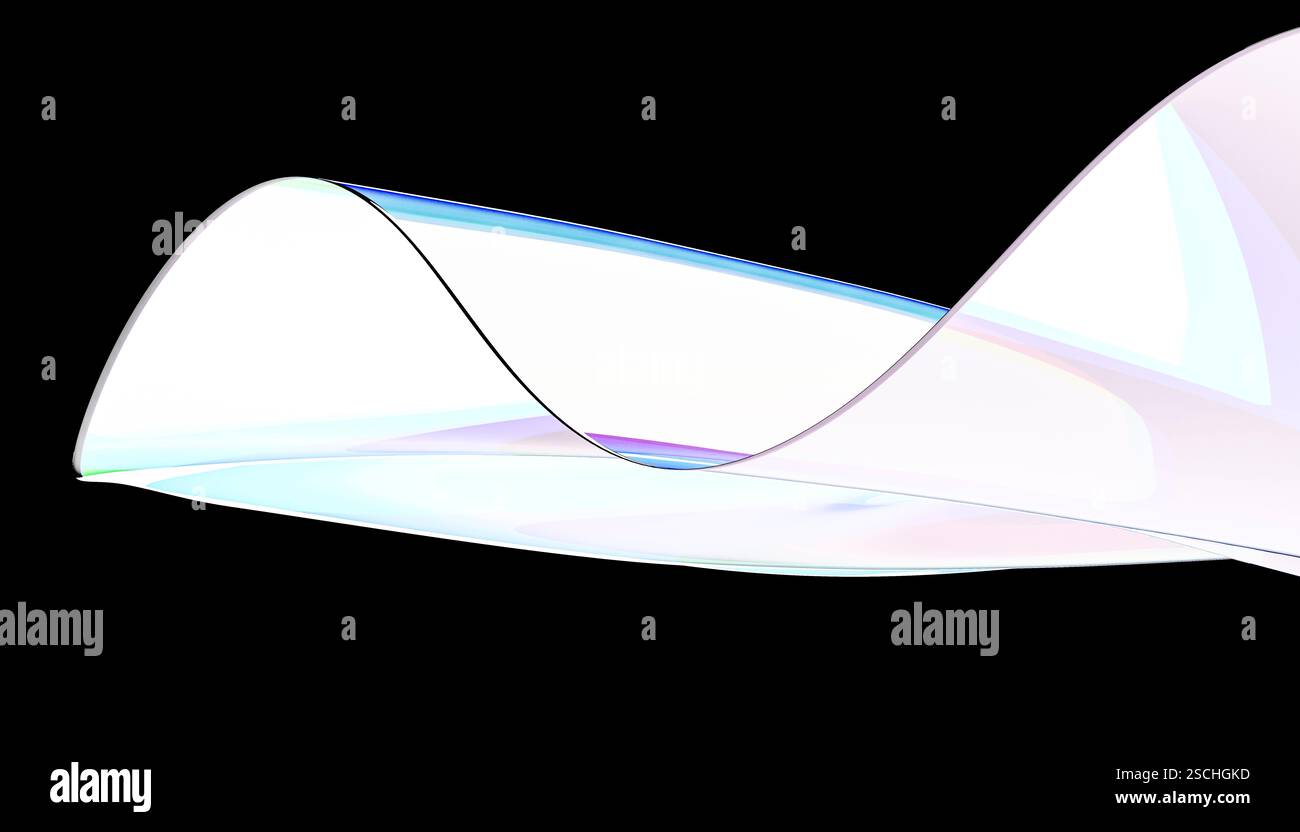 A fluid, iridescent wave form gracefully curves across a black ...